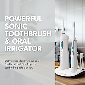ToiletTree Products Poseidon Irrigator and Toothbrush Combo - Rechargeable Sonic Toothbrush and Oral Irrigator to Support Oral Health and Fight Bad Breath - Comes with Extra Tips for Multiple Users