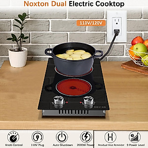 Noxton 110v Electric Cooktop 2 Burners, Plug in Electric Stove 12 Inch, Built-in or Above the Counter Use, 9 Power Level, Knob Control Ceramic Stovetop, Great for the Elderly