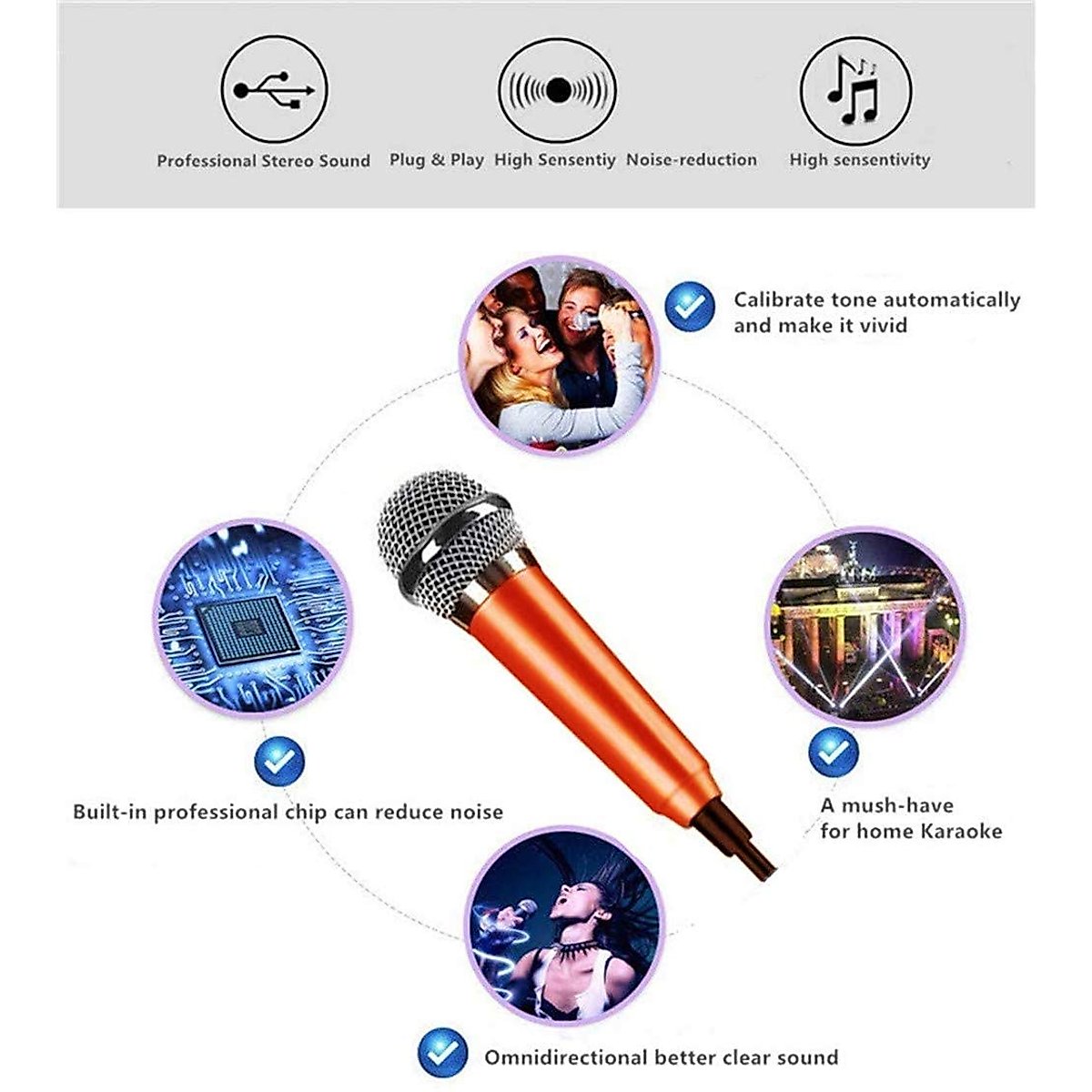 DELADOLA Mini Microphone,Portable Vocal Tiny Microphone, Asmr Microphone,Phone Microphone, Mini Karaoke Microphone for Voice Recording Chatting and Singing On iPhone,Android,Laptop Notebook(Orange)