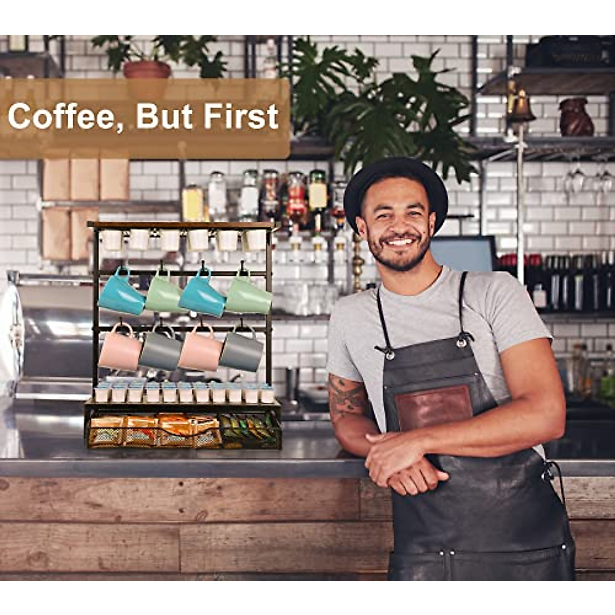 TQVAI Coffee Pods Drawer with Mug Hooks, 50 Capacity Coffee Pod Holder, Coffee Station Organizer for K Cups, Tea Bags, Espresso Capsule Coffee Creamer, Black/Archaize