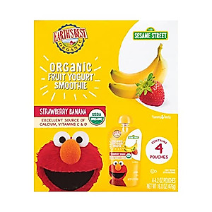 Earth's Best Organic Kids Snacks, Sesame Street Toddler Snacks, Organic Fruit Yogurt Smoothie for Toddlers 2 Years and Older, Strawberry Banana, 4.2 oz Resealable Pouch (Pack of 4)