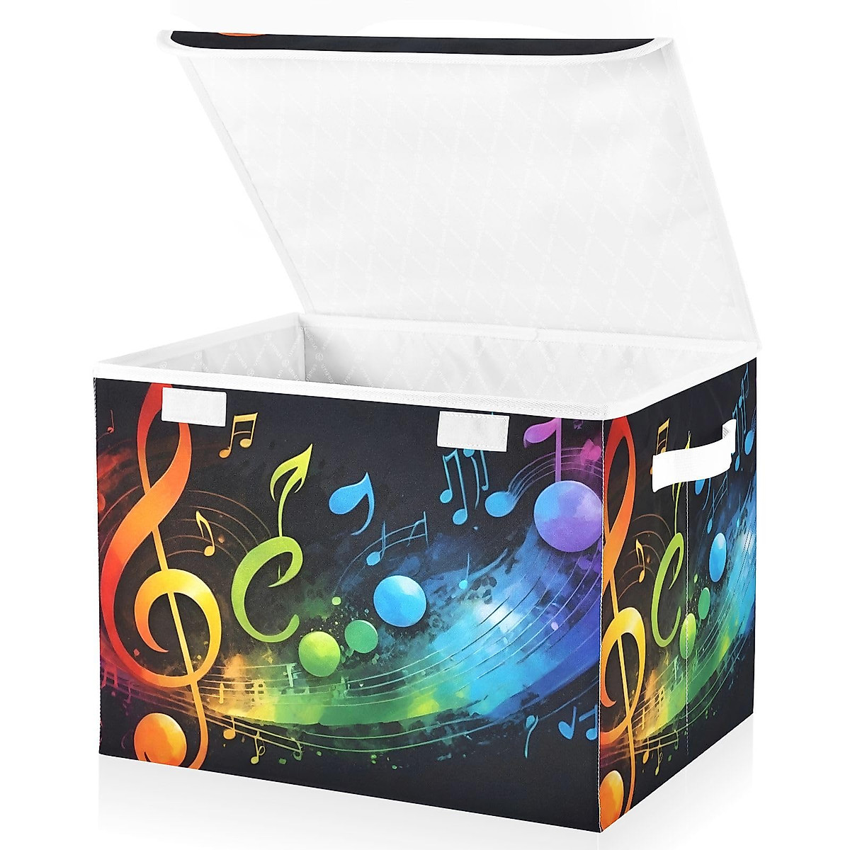 YMGQYJ Storage Cube with Lid Collapsible Rainbow Music Note Print, Large Capacity Foldable Storage Basket Bin Organizer 16.5×12.6×11.8 inches