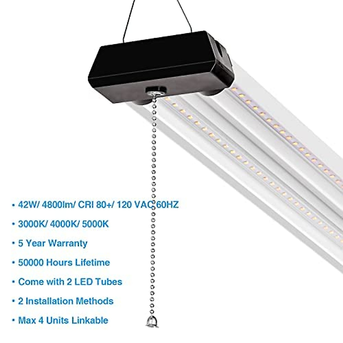 ZJOJO Linkable LED Shop Light for Garage, LED Shop Light 4FT with Pull Chain (ON/Off), 3000K/4000K/5000K, 42W 4800LM Bright LED Shop Lights with 5 Year Warranty for Workshop Office Warehouse-1Pack