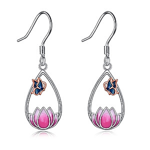 Lotus Earrings Sterling Silver S925 Hypoallergenic Lotus Flower Dangle Earrings for Mother's Day Jewelry For Women