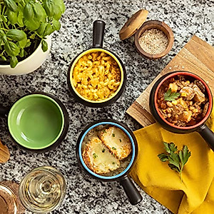 French Onion Soup Bowls with Handles, Set of 4, Colorful Ceramic Dishware for Chicken Noodle, Stew, Chili, and Hot Meals, Microwave, Oven, and Dishwasher Safe Large Soup Crocks, 15oz
