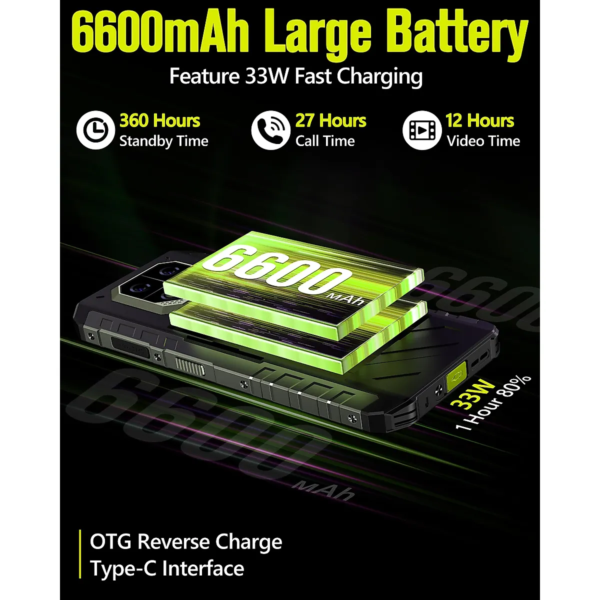 Ulefone Armor 22 Rugged Cell Phone Android 14, Up to 16+256GB, 64MP Night Vision Camera, 64MP Main Camera, 6600mAh, 120Hz Display, 4G LTE Smartphone (Black)