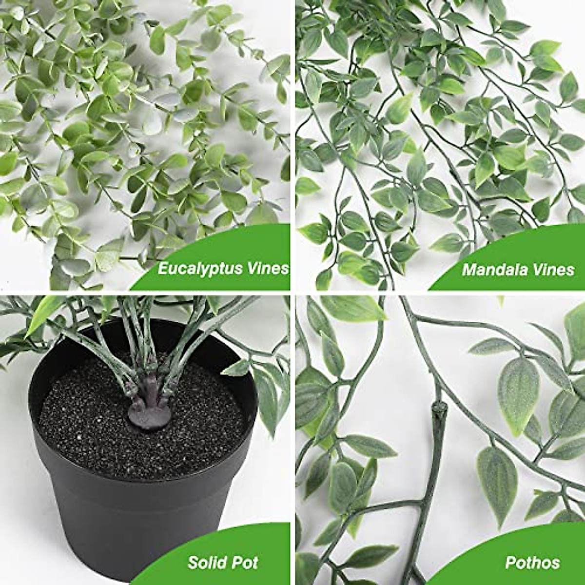 JPSOR Fake Hanging Plants, 2 Pack Artificial Fake Potted Greenery Faux Eucalyptus Mandala Vine in Pot for Home Wall Shelf Indoor Outdoor Decor