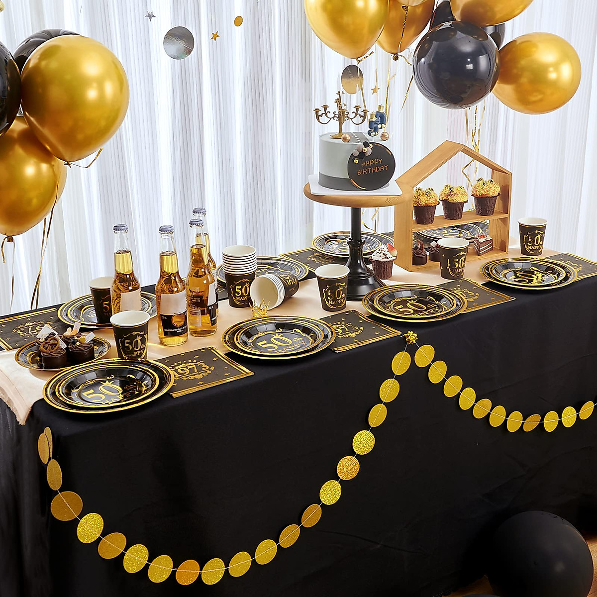 50th Birthday Party Paper Plates Cup Napkins - 96PCS Disposable Plates Cups Paper Napkins Women Men 50 Years Old Birthday Retirement Party Balck Gold Tableware Serves 24 Guests, 9” Plates, 7” Plates