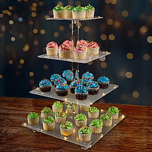 4-Tier Cupcake Stand - Square Acrylic Display Stand with LED Lights for Birthday, Tea Party, or Wedding Dessert Tables by Great Northern Popcorn