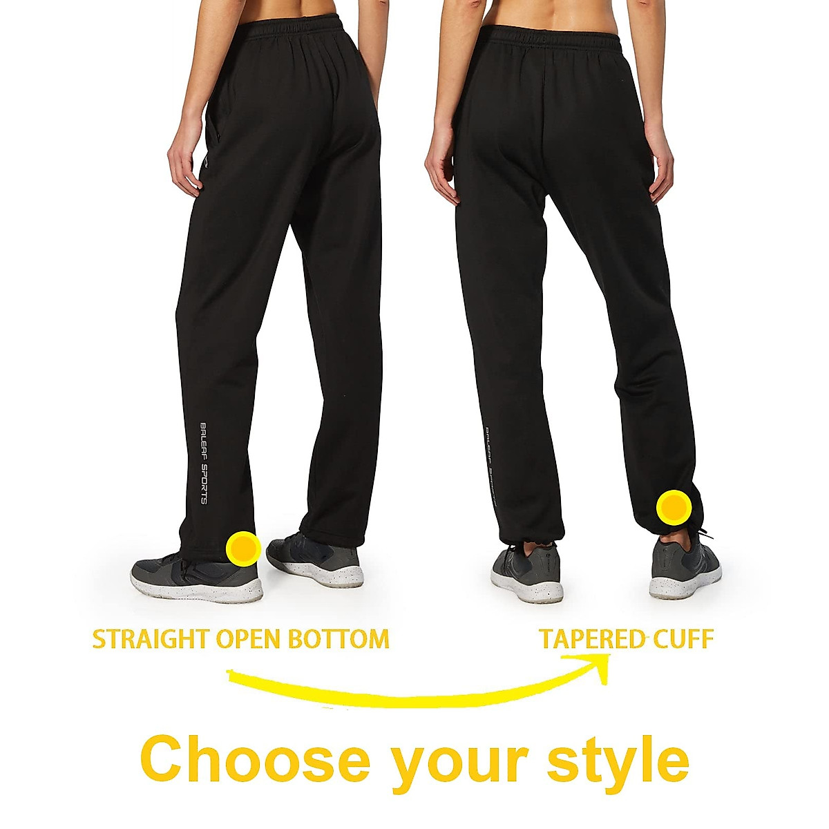 BALEAF Women's Fleece Pants Winter Running Gear with Zipper Pockets Athletic Joggers Adjustable Ankle Track Pants Black Size S