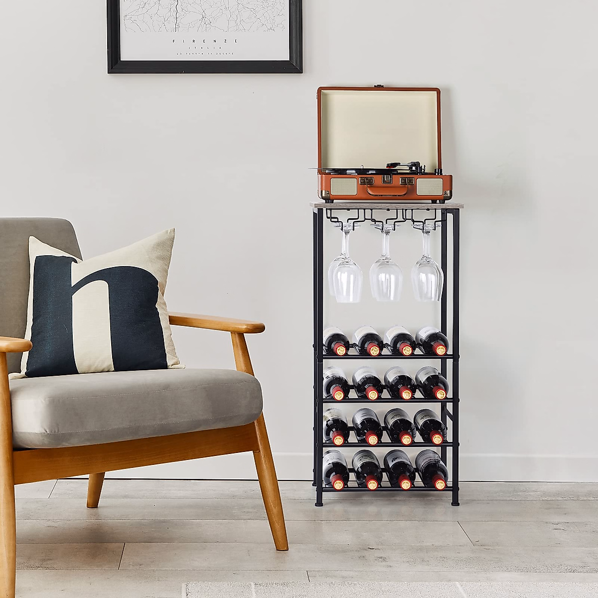 Wine Bottle Holder, Wine Rack Freestanding Floor with Glass Holder Rack, Wood Tabletop & 16 Bottles Holder, Wine Liquor Cabinet Bar for Home Kitchen, Dining Living Room, Gray Oak