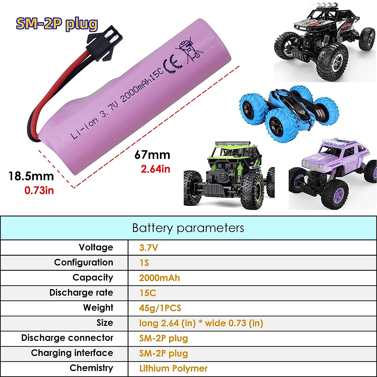 MOONZON 5PCS 3.7V 2000mAh SM-2P Plug Li-ion Battery with 5-in-1 Charger for DE68 DE44 DE45W DE45 DE58 DE49 DE57 DE70 Off-Road Vehicle Truck Tank RC Toy Car Spare Batteries