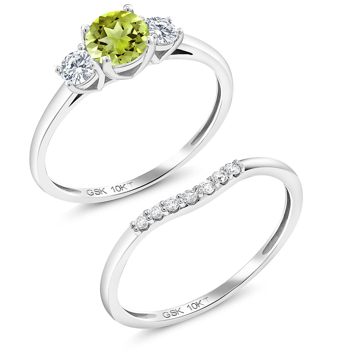 Gem Stone King 10K White Gold Green Peridot and White Lab Grown Diamond 3-Stone Bridal Engagement Wedding Ring Set For Women (0.79 Cttw, Gemstone August Birthstone, Round 5MM, Size 6)