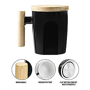 HOWAY Flat Bottom Mug with Wood Lid, Ceramic Tea Cup for Coffee Warmer, Flat Bottomed, Wooden Handle, 14oz