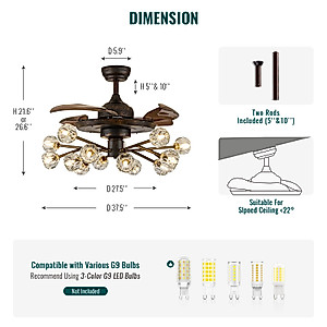 Siljoy 15-Light Vintage Ceiling Fan with Light, Black Sputnik Crystal Chandelier Fan with Remote, Retractable Fandelier with Invisible Blades for Dining Room Living Room Bedroom 36 Inch