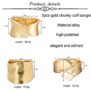SAMOCO 3Pcs 18K Gold Plating Bangles Bracelets for Women Chunky Polished-Finish Wrist Cuff Wrap Hinge Twist Bangle Opening Wide-Grooved Wire Statement Fashion Jewelry Bracelet for Women