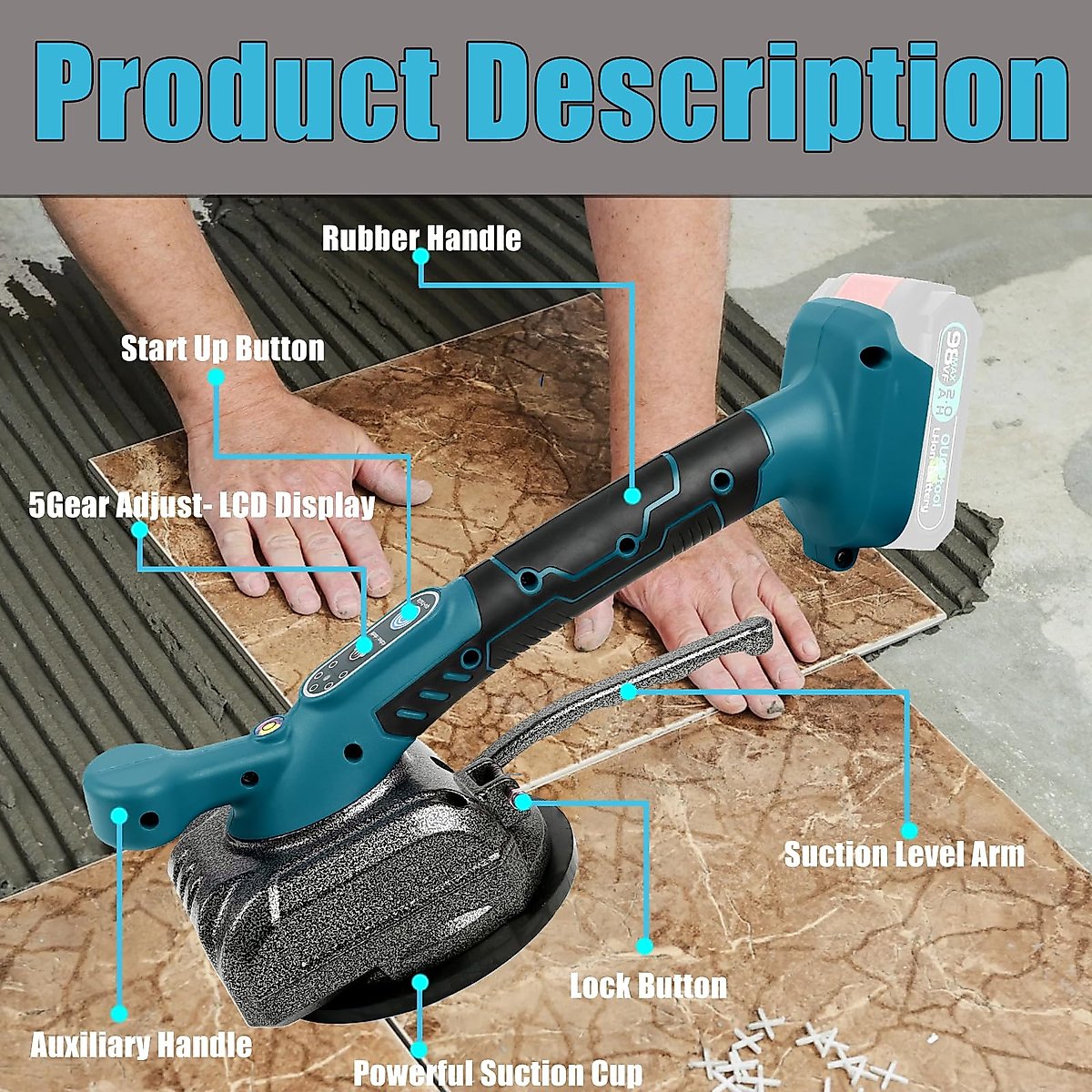 Tile Vibration Leveling Machine for Makita 18V Battery, Cordless Portable Tile Vibrator Tool with 5 Adjustable Speed & Suction Cup & Digital Display & Package Bag for Floor Wall Tile(Tool Only)