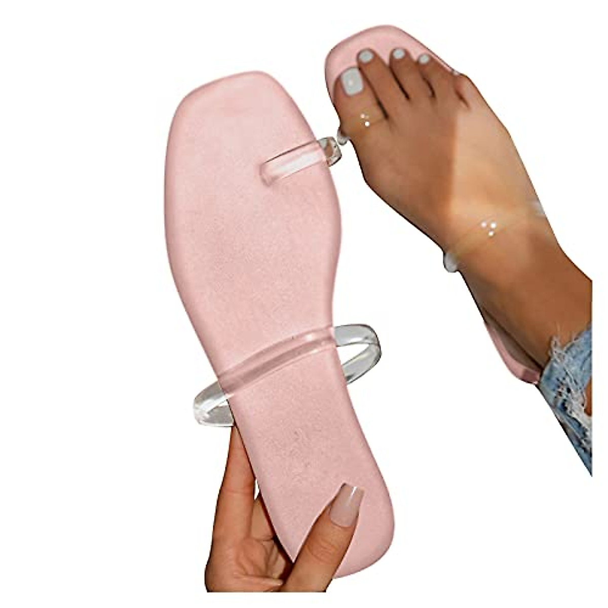 UIFLQXX Women's Breathable Square Open Toe Shoes Ladies Crystal Strap Slip On Shoes Summer Casual Party Dressy Beach Slipper (Pink, 10)