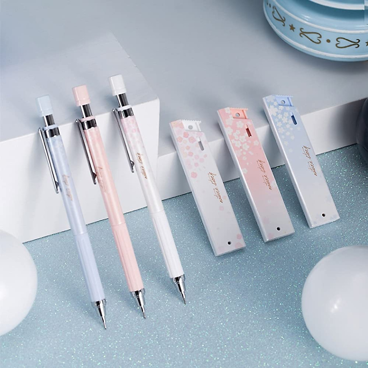 6 Pcs Mechanical Pencils, 0.5mm Kawaii Pencils Cute Pens Aesthetic with Lead Refills Cherry Blossom Kawaii Automatic Pens for School Office Writing Draft Drawing