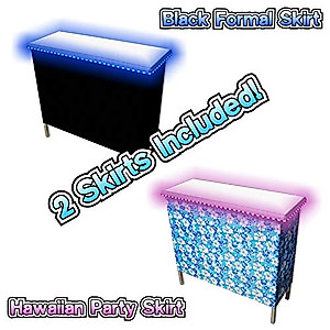 (USA Company) Patented Folding Portable Party Bar w/Multi-Color LED Lights, Black & Hawaiian Bar Skirts, and Storage Shelf