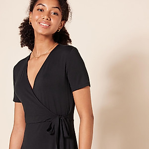 Amazon Essentials Women's Short Sleeve Faux-Wrap Dress, Black, X-Large