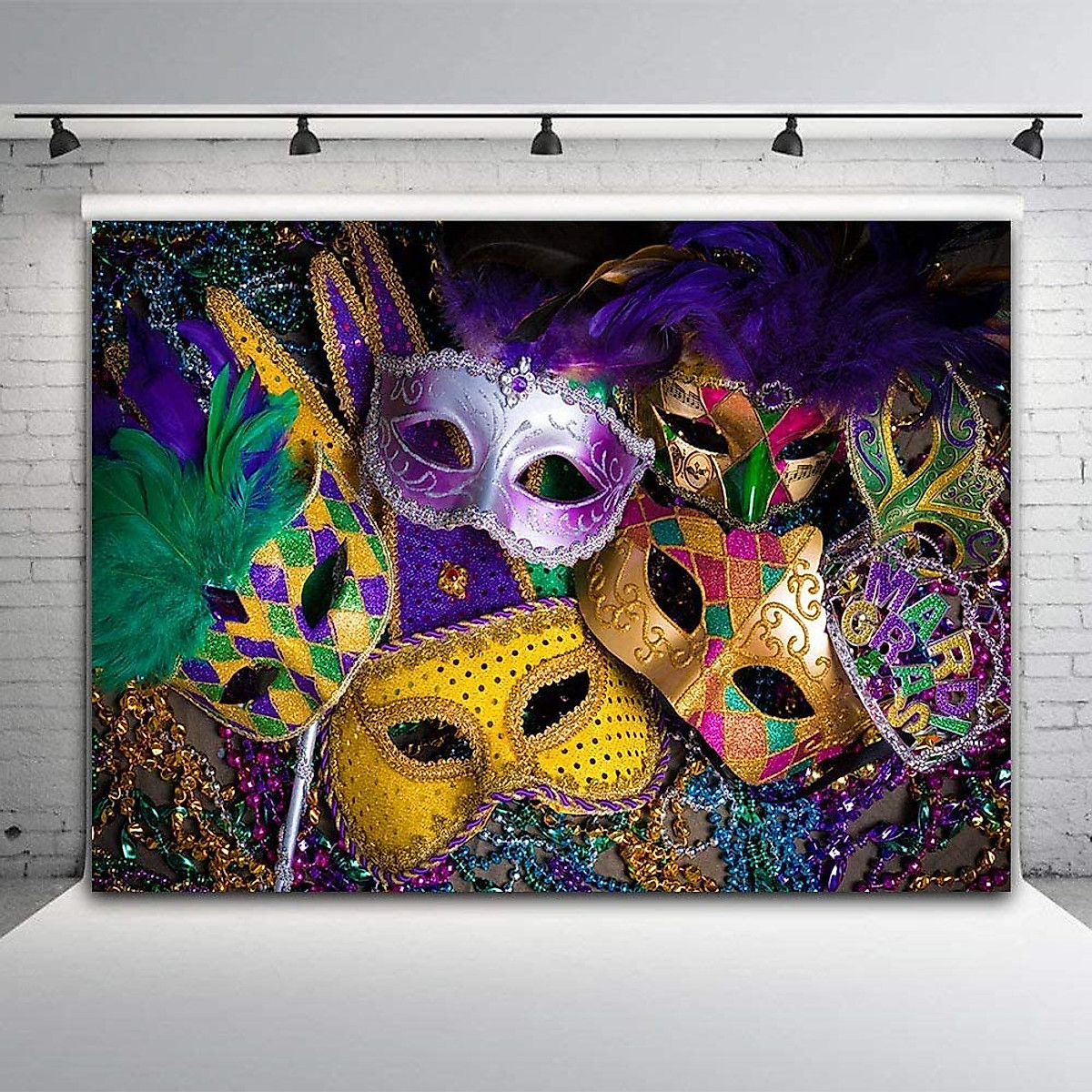 Purple Green Gold Beads Masquerade Party Photography Backdrop Vinyl 7x5ft for Carnival Fiesta Mardi Gras Dance Photo Background Supplies Children Birthday Photo Booths Props Decorations