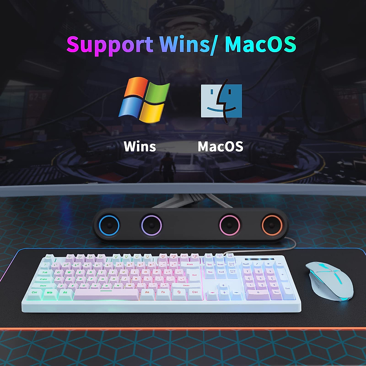 chuangquan CQ104 Mechanical Feeling Keyboard Rainbow LED Backlit USB Wired Floating Gaming Keyboard for Windows PC Laptop