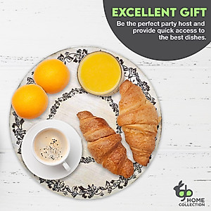 Lazy Susan Organizer Turntable, Low Profile 18” Round Beautiful White Washed Wood with Engraved Artistic Design – Great Gift for Dinner Table, Kitchen