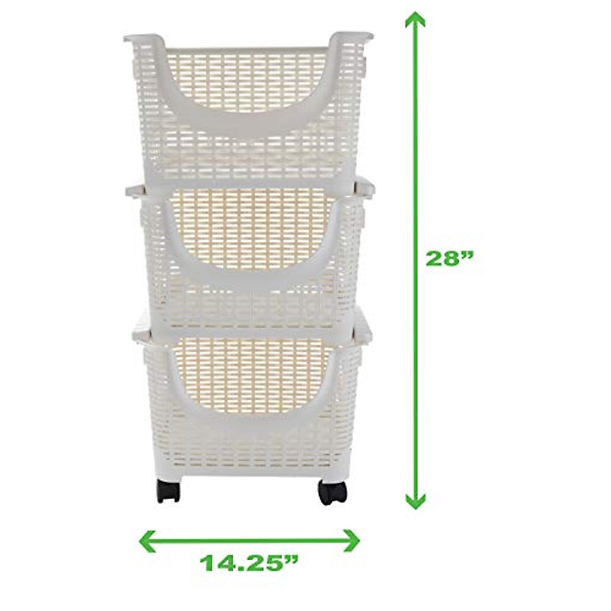 Mind Reader 3-Tier Stackable Containers Rolling Plastic Bins, Storage Baskets, Ivory