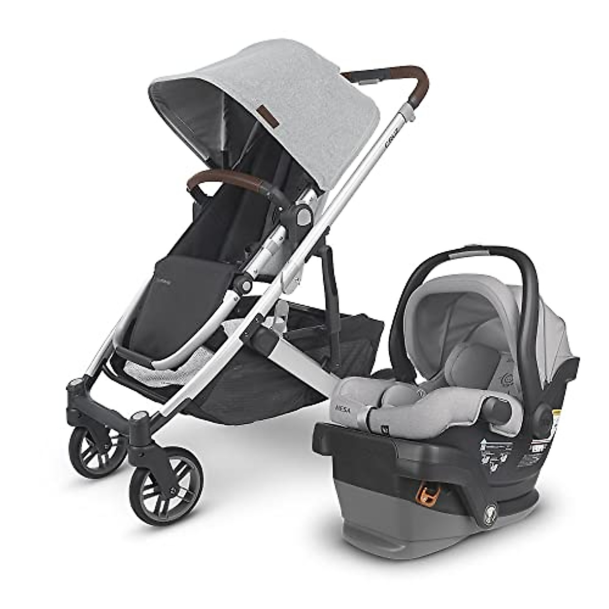 Cruz V2 Stroller - Stella (Grey Brushed mélange/Silver/Chestnut Leather) + MESA V2 Infant Car Seat - Stella (Grey Melange)