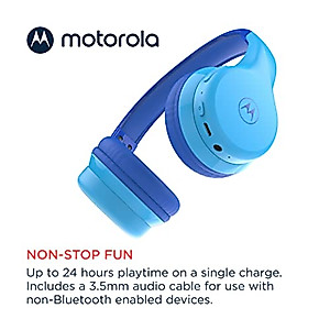 Motorola Moto JR300 Kids Bluetooth Headphones with Microphone - Lightweight Over Ear Wireless Headphones, Safe Volume Limit 85dB, Audio Splitter for Sharing - Ideal for School, Travel, Gaming - Blue