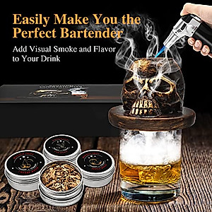 Whiskey Smoker Kit, Cocktail Smoker Kit with Torch, 4 Flavored Wood Chips for Skull Old Fashioned Smoker Kit, Bourbon Whiskey Drink Smoked Infuser Gifts for Father, Husband, Friends (No Butane)