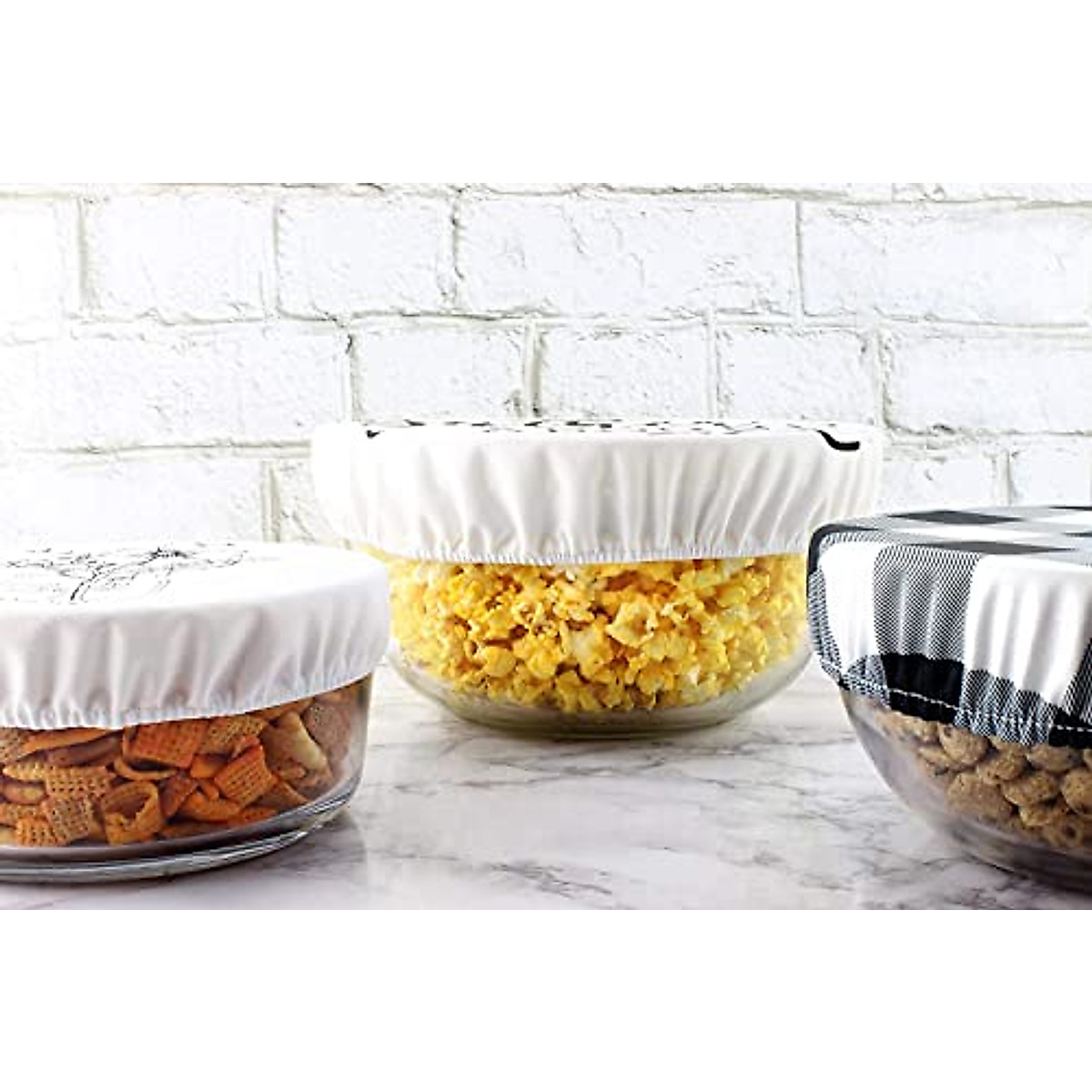 AuldHome Reusable Fabric Bowl Covers (Set of 3); Rustic Farmhouse Themed Black and White Stretchy Cloth Bowl Covers