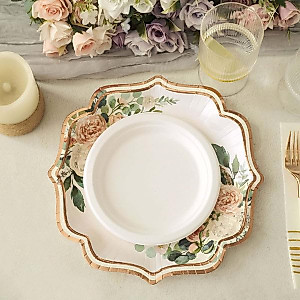 Tableclothsfactory 25 Pack | Floral 10" Scallop Rim Dinner Party Paper Plates, Disposable Plates - 300 GSM
