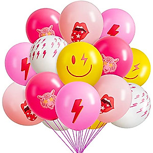 AellasNervalt 50Pcs Preppy Y2k Hot Pink Party Balloons Smile Face Lightning 12inch Latex Balloon with Ribbon Retro Decoration Supplies for Teen Girls Birthday Bachelorette Early 2000s Theme Party