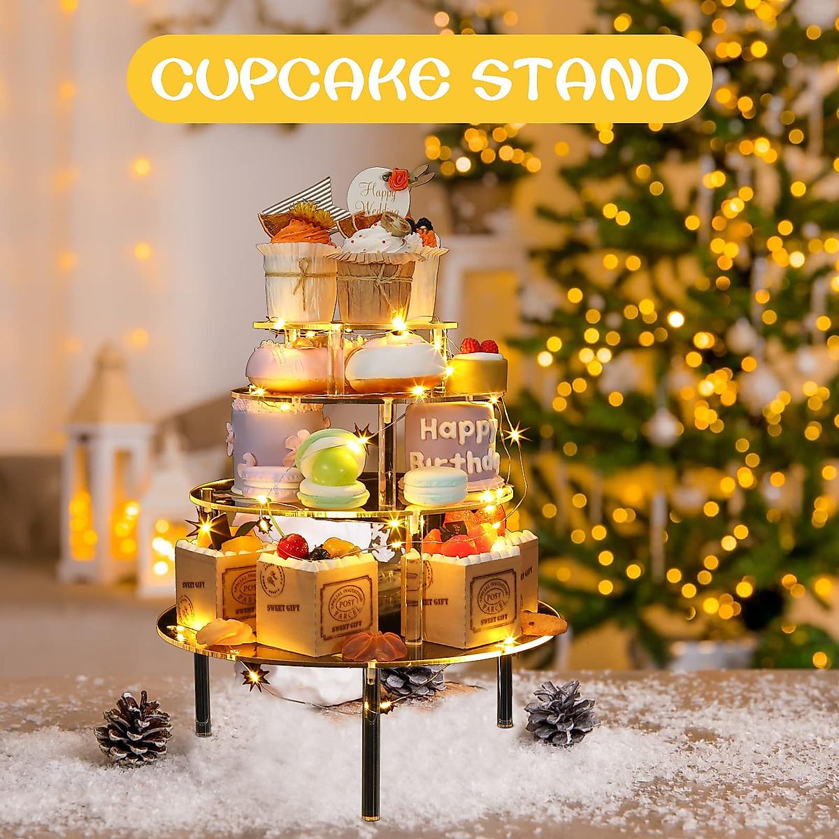 4 Pieces Round Acrylic Cake Stand for Dessert Table, Clear Cupcake Display Stand, 4 Tier Risers Pizza Holder with LED Light String for Wedding Birthday Party, 4 Sizes