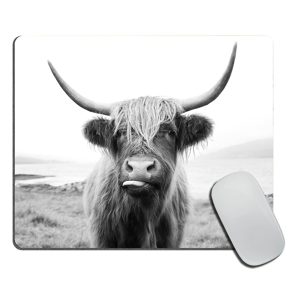 Black and White Mouse Pad, Scottish Highland Cow on Isle of Mull Mouse Pad, Mouse Mat Square Mouse Pad Non Slip Rubber Base MousePads for Office Laptop, 9.5"x7.9"x0.12" Inch