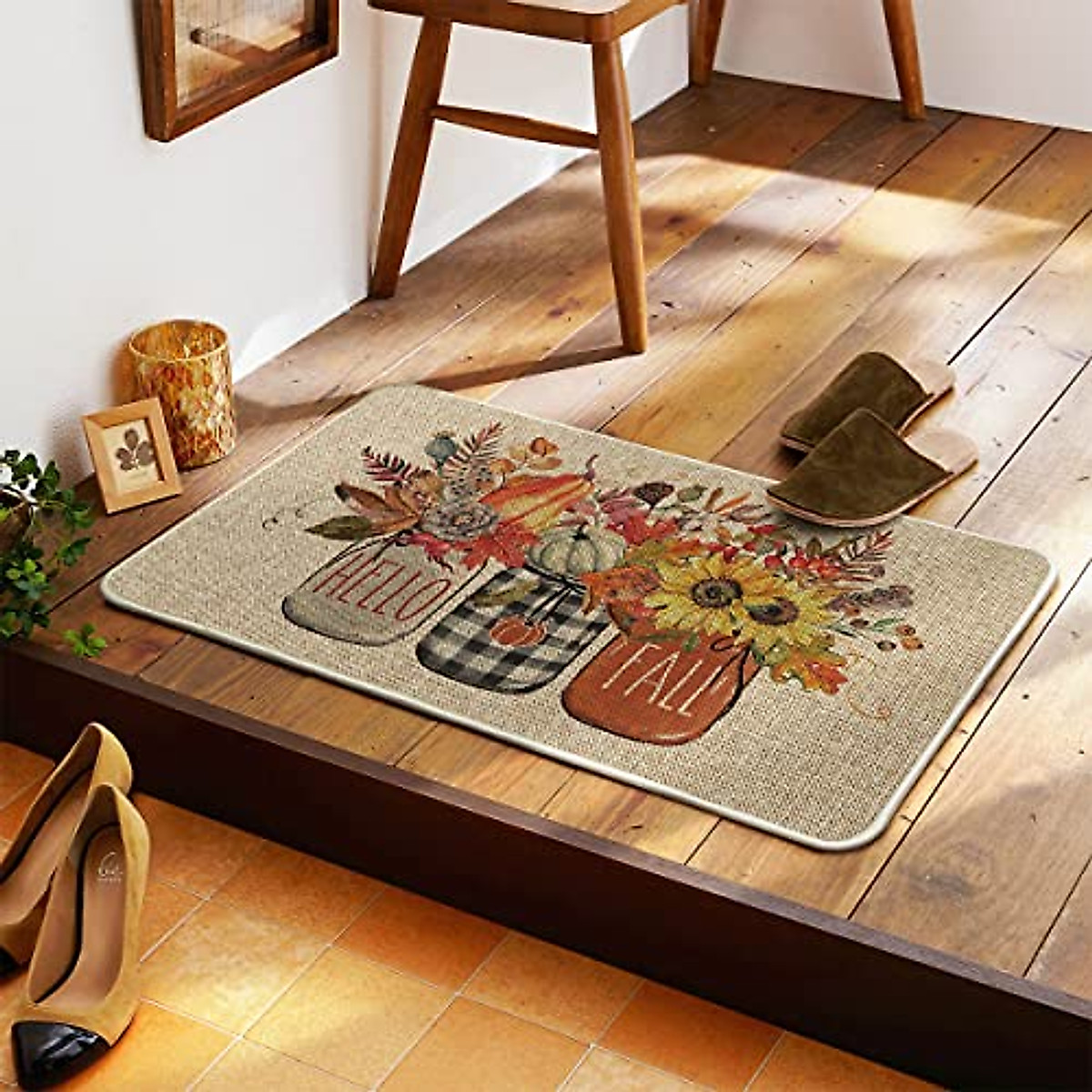 Artoid Mode Hello Fall Vases Decorative Doormat, Thanksgiving Pumpkin Sunflower Flower Low-Profile Floor Switch Mat for Indoor Outdoor 17x29 Inch