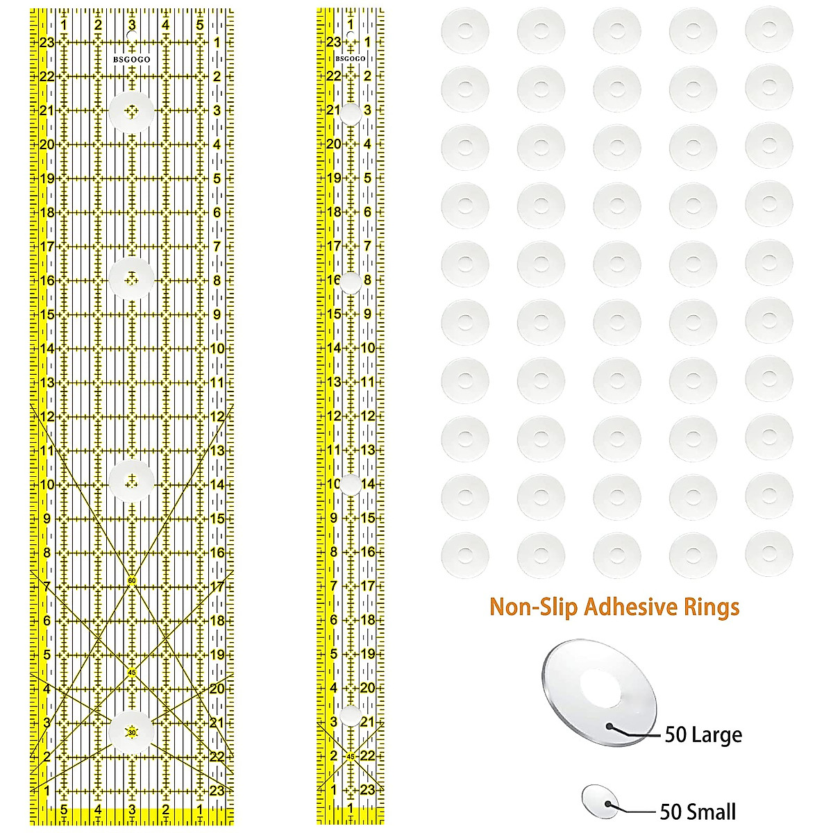 Acrylic Ruler 7 Piece Set , Non Slip Rings 50 Pieces，Quilting Rulers, Size (6"x24"),(2"x24"),(3"x18"),(3"x8"),(1.5"x12"),(1"x12"),(1"x6")