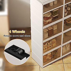 Luoxiao Plastic Storage Cabinet Collapsible Storage Bins with Doors 4 Tier 8 Grids Foldable Storage Boxes with Wheels Stackable Closet Organizer for Kitchen Bathroom Enterway White