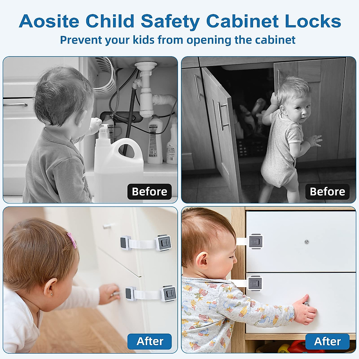 Cabinet Locks for Babies Aosite 6 Pack Child Safety Cabinet Locks Childproof Drawer Latches Baby Proof Straps Locks Adjustable Refrigerator Lock Door Lock for Furniture, Kitchen, Toilet, No Drilling