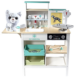 Vet Center Pretend Pet Hospital Playset- Wooden Animal Interactive Medical Checkup Set with Toy Cat, X-Ray Cards Stethoscope & Veterinarian Medical Accessories, Fun Doctor Role Play Gift for Kids
