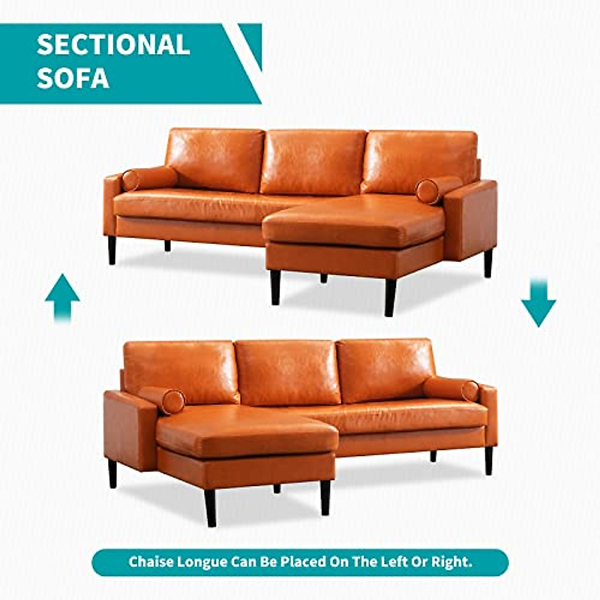 BALUS Faux Leather Sofa Couch | L Shaped Mid-Century Couch with Bolster Pillows | Chaise Lounge Indoor | Cognac Tan Sectional Furniture for Living Room Apartment