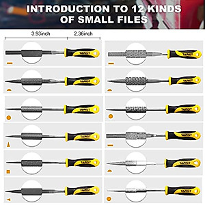 TARIST 19Pcs Metal & Rasp Files Set, Includes Flat/Half-Round/Round/Triangle Large File/Half-Round Rasp/4 Way File/12pcs Needle Files/Brush/Rolling Tool Bag, Work for Metal, Wood and More