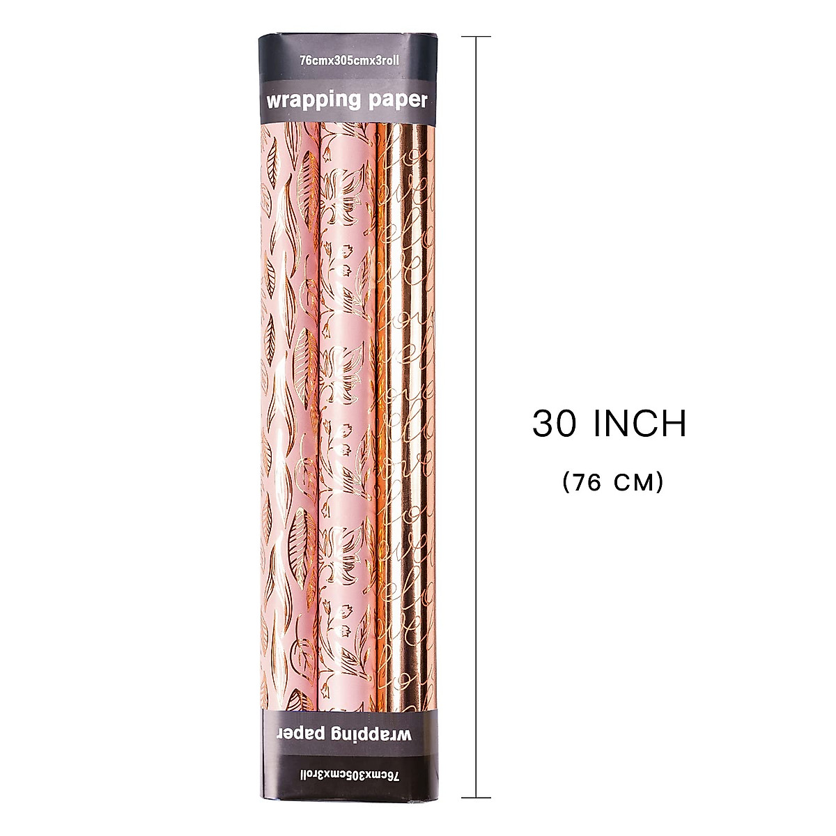 LeZakaa Metallic Wrapping Paper Roll - Pink and Rose Gold Love Print for Valentine‘s Day, Bridal Shower, Wedding, Birthday - 30 inch x 120 inch x 3 Roll