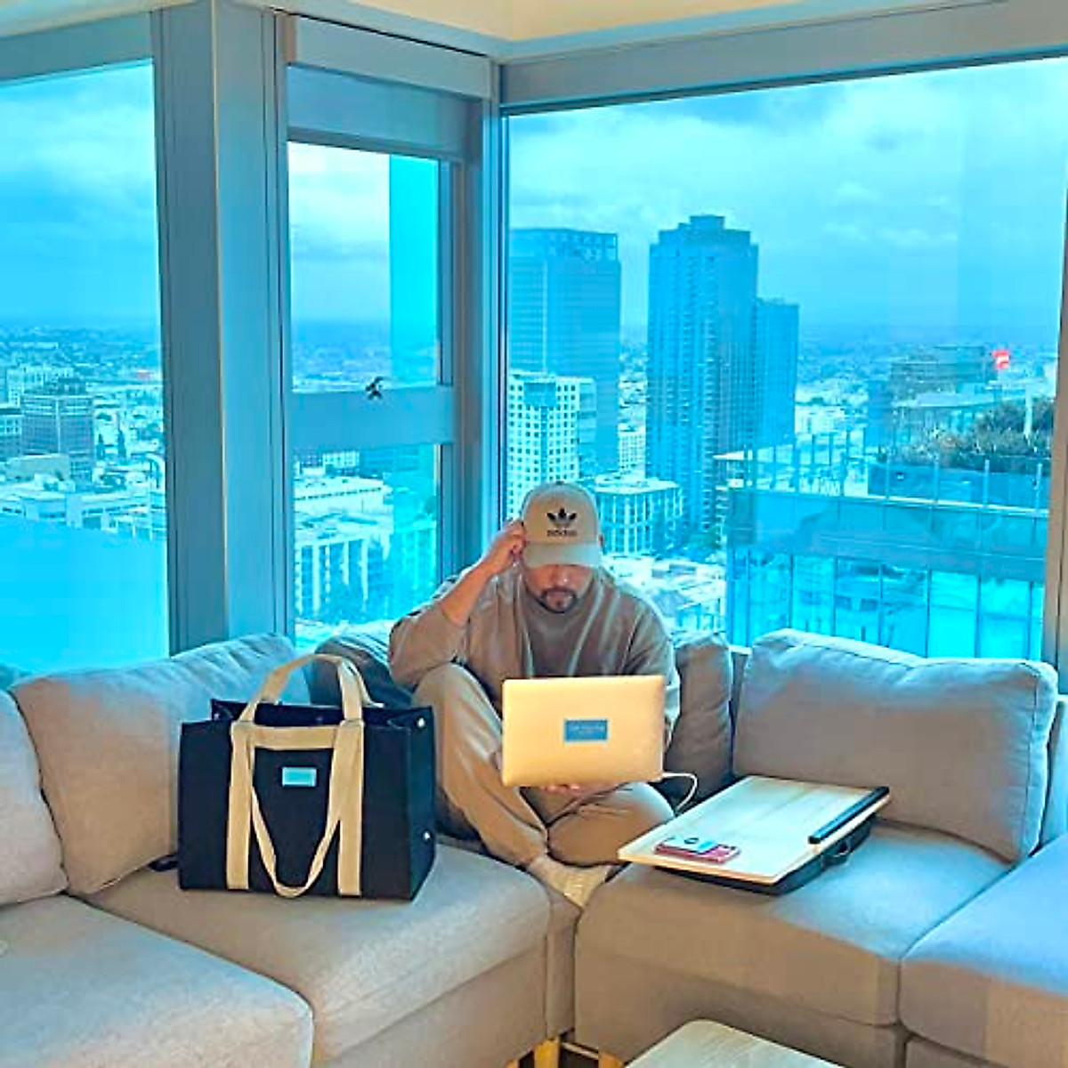 Premium Canvas Tote Bag (16Wx12H x7D) Pancake Mini Folds Flat, Slip-in Pockets, Removable Base, Anti-Theft Pocket