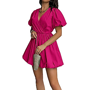 PRETTYGARDEN Women's Summer Puff Sleeve Short Mini Dress Flowy Ruffle V Neck A Line Wrap Dresses (Rose Red,Medium)