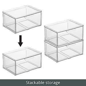 mDesign Plastic Wide Stackable Closet Storage Organizer Bin Containers with Front Pull Drawer for Cabinet, Desk, Shelf, Cupboard, or Dresser Organization - Lumiere Collection - 4 Pack - Clear