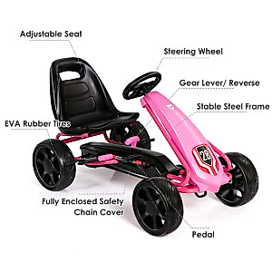 Costzon Pedal Go Kart for Kids, 4 Wheels Pedal Powered Ride on Toy, Outdoor Racer Children's Foot on Riding Car w/Adjustable Seat, Rubber Tires & 2 Brakes for Boys & Girls Age 3 to 8 (Pink)