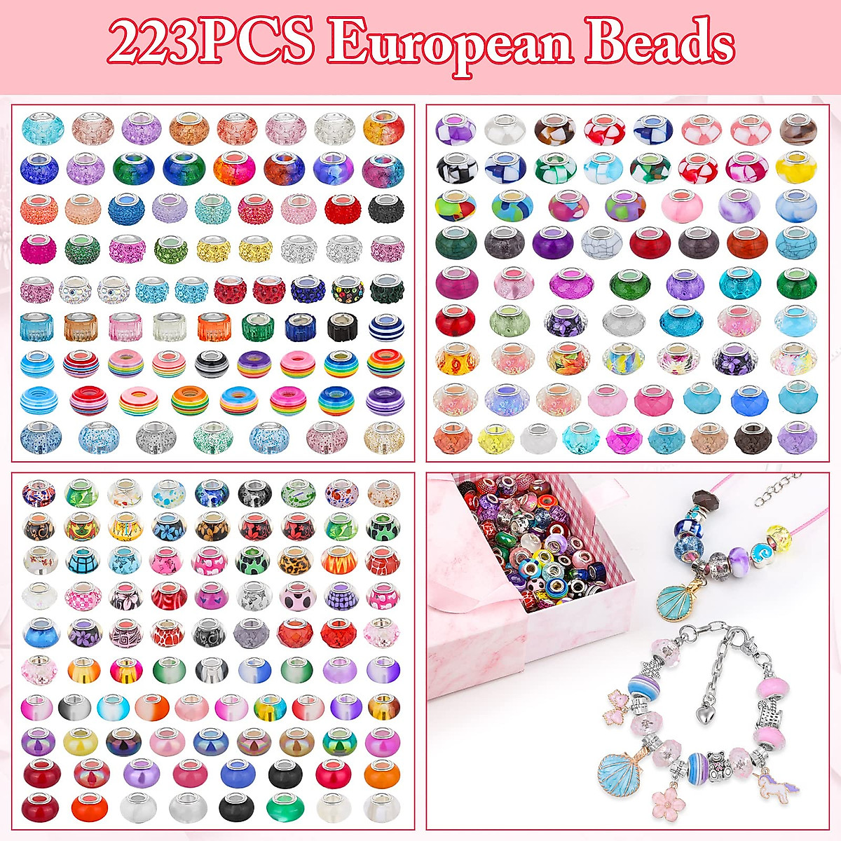 Cludoo Large Hole Glass Beads for Jewelry Making, 224PCS European Beads Bulk Mixed Color Spacer Beads with Rhinestones Lampwork Beads for DIY Craft Charms Bracelet Necklace Earring Making